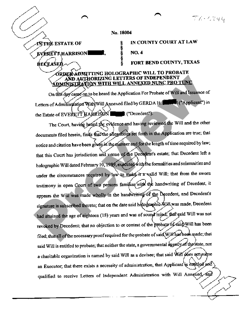 Corpus Christi Texas Order Admitting Holographic To Will Probate 
