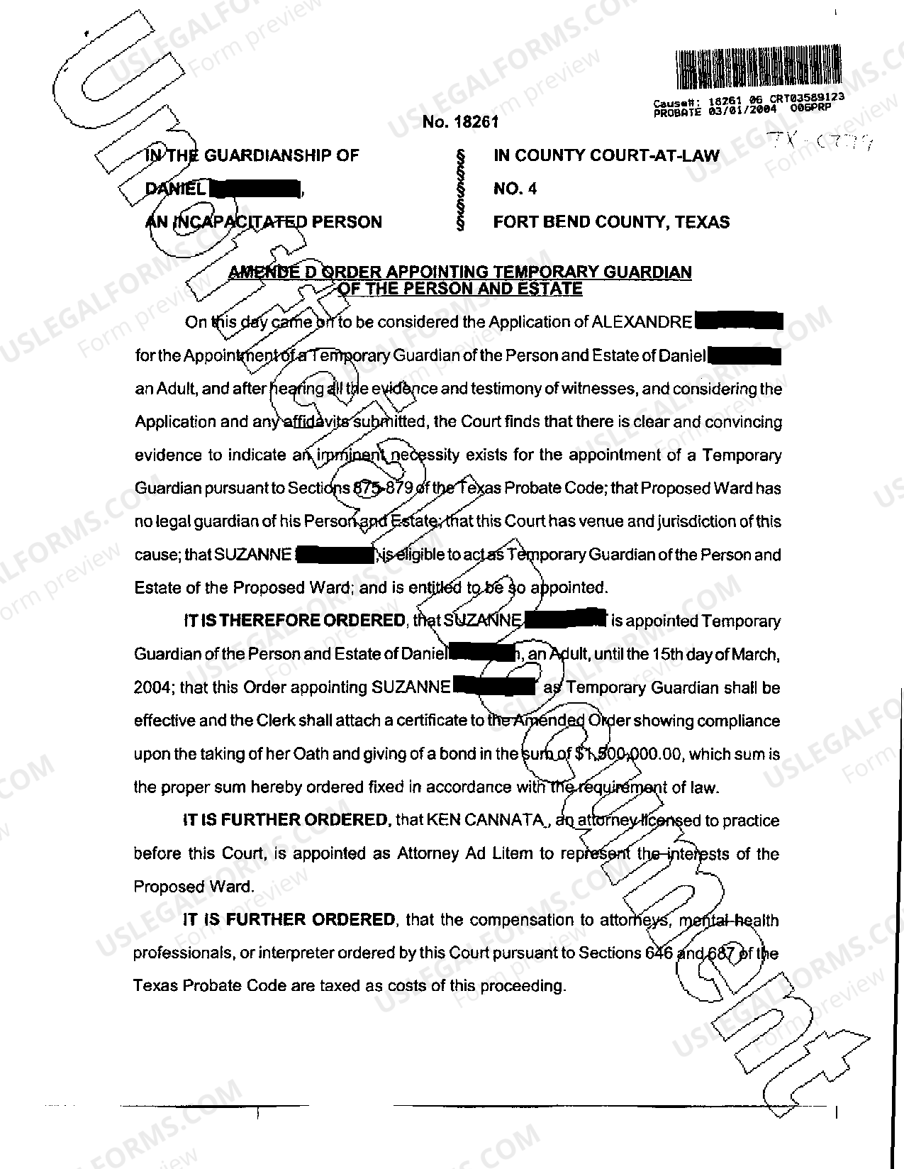 Texas Amended Appointing Temporary Guardian of the Person and Estate ...