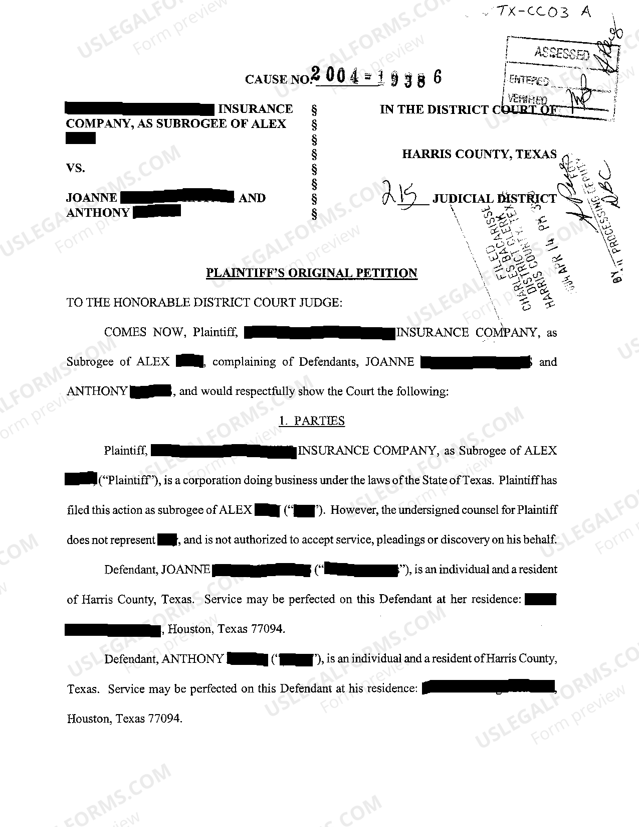 Texas Plaintiffs Original Petition for Subrogation regarding Auto ...