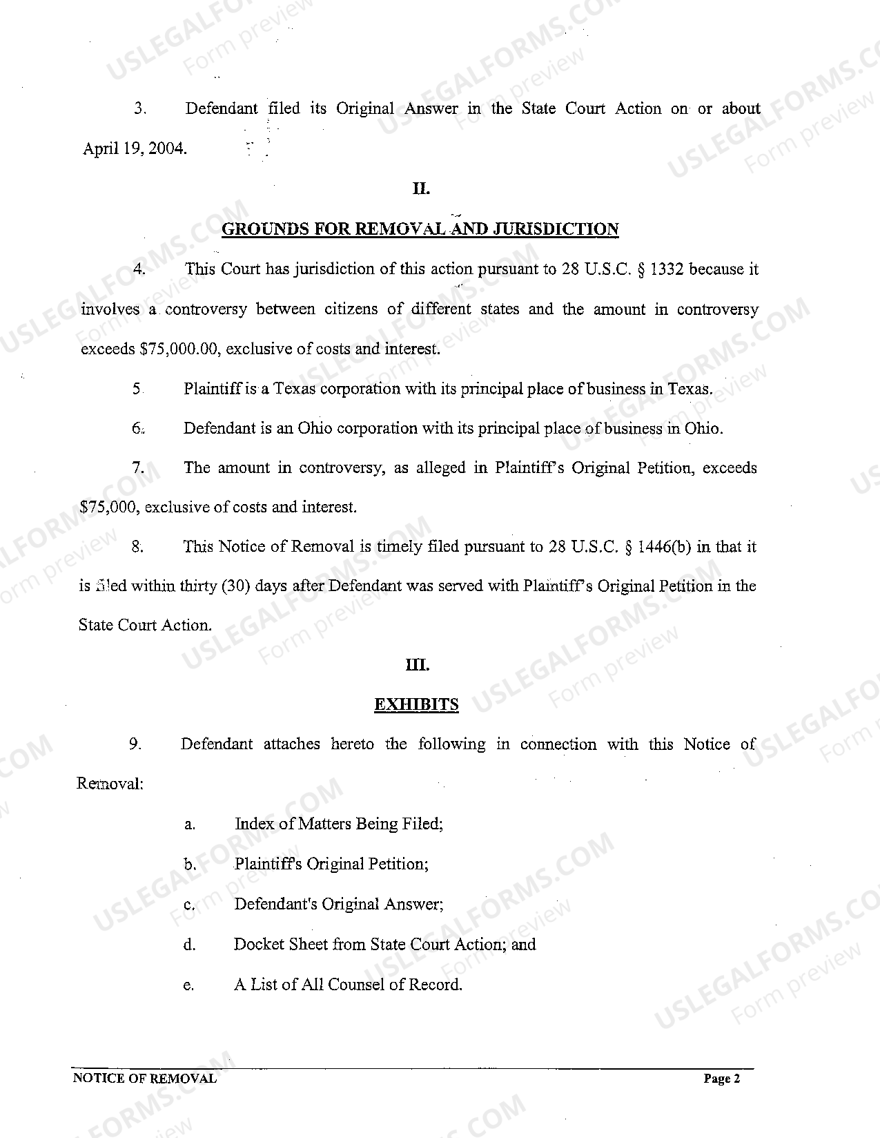 Texas Notice of Removal | US Legal Forms