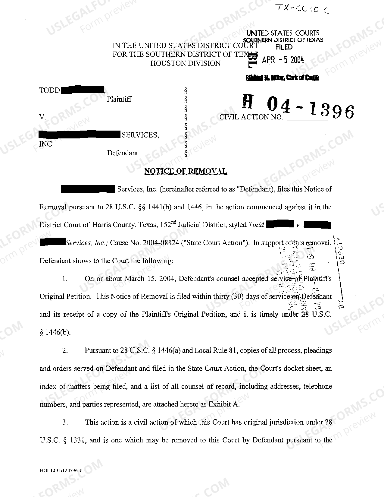 Texas Notice of Removal | US Legal Forms