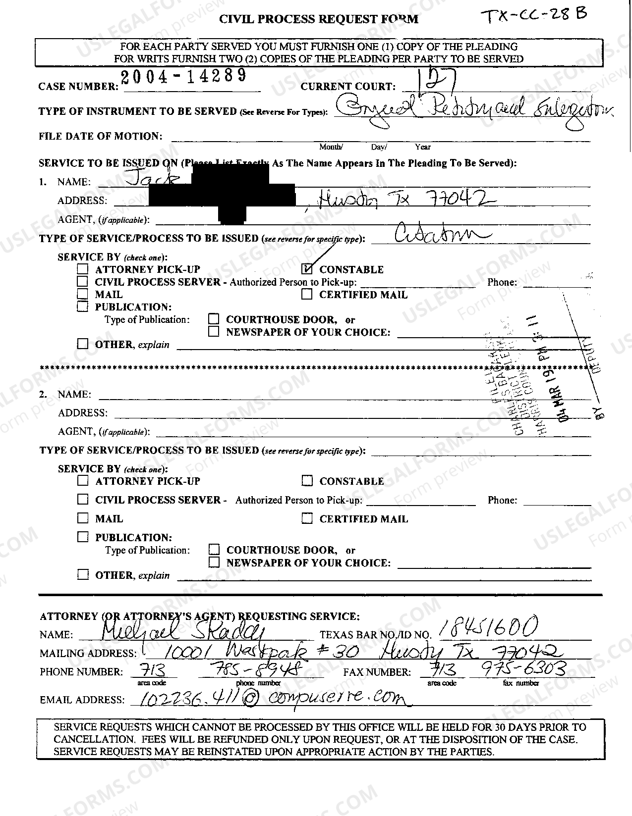 Texas Civil Process Request Form | US Legal Forms