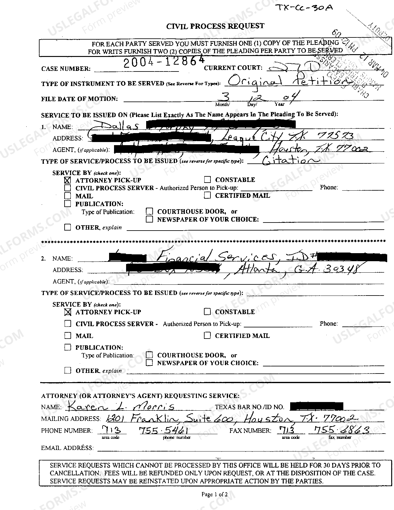 Texas Civil Process Request | US Legal Forms