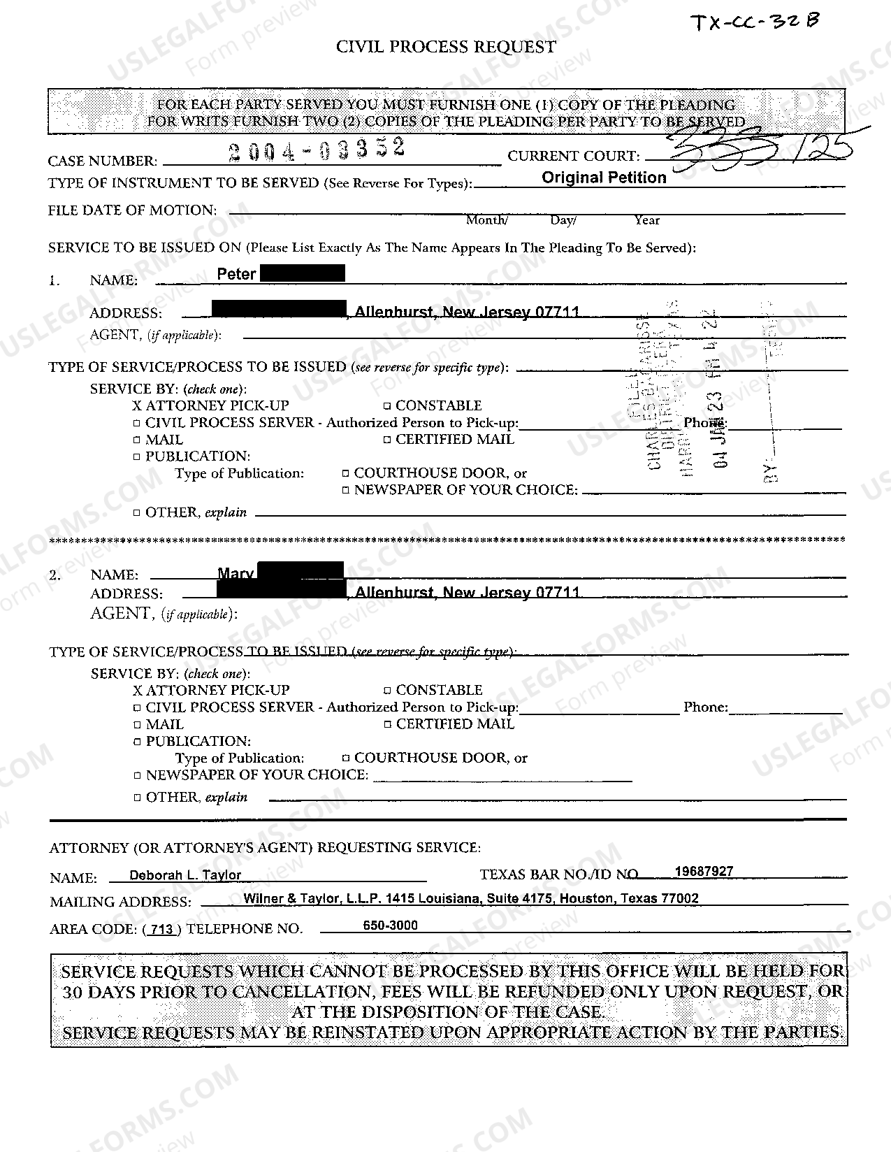 Texas Civil Process Request | US Legal Forms