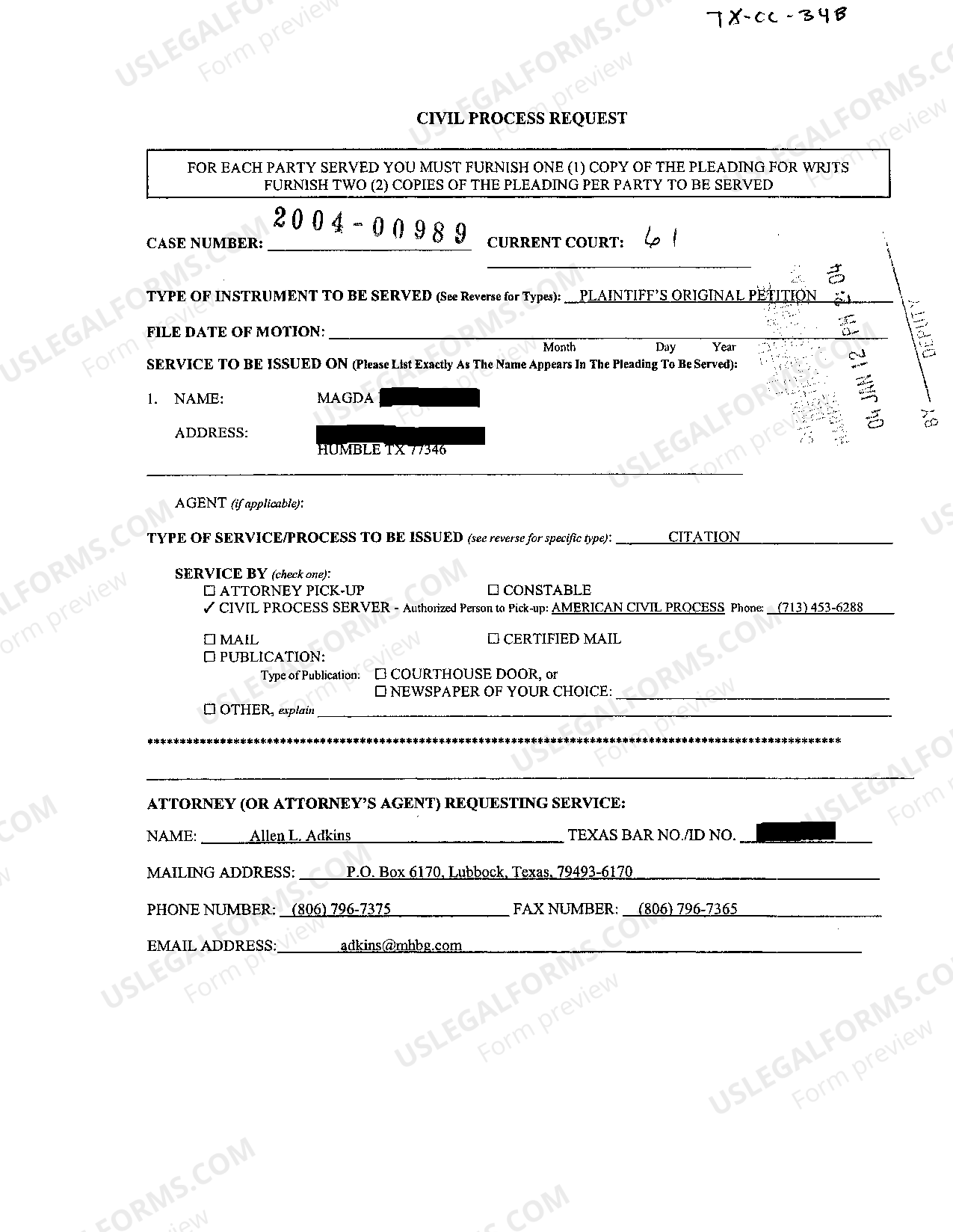 Texas Civil Process Request | US Legal Forms