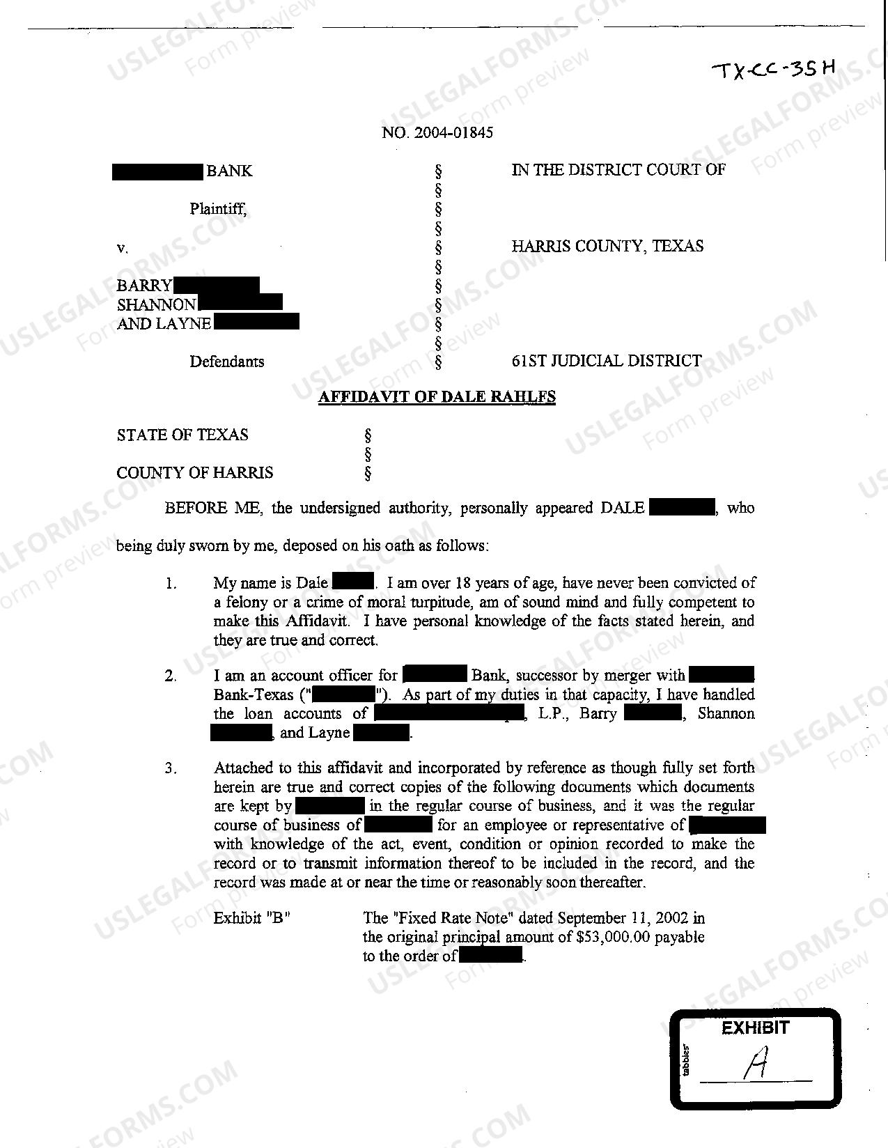 Texas Affidavit of Plaintiff detailing debt owed | US Legal Forms