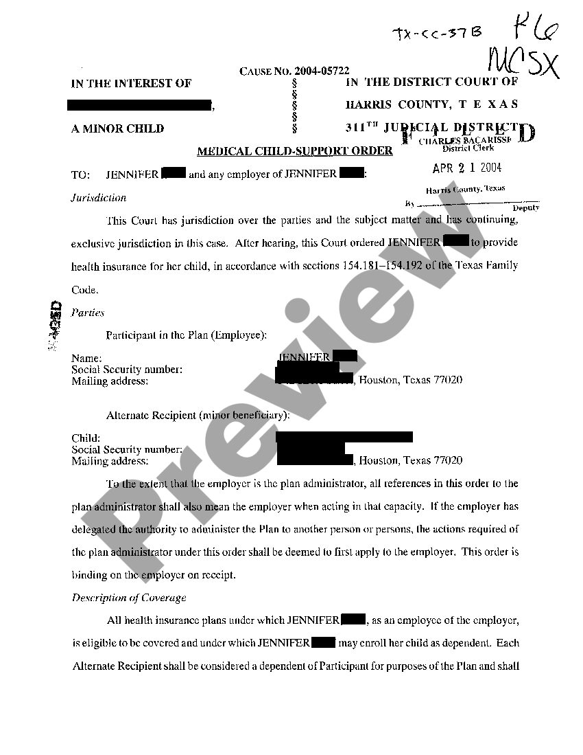 Harris Texas Medical Child Support Order Letter To Non Custodial 
