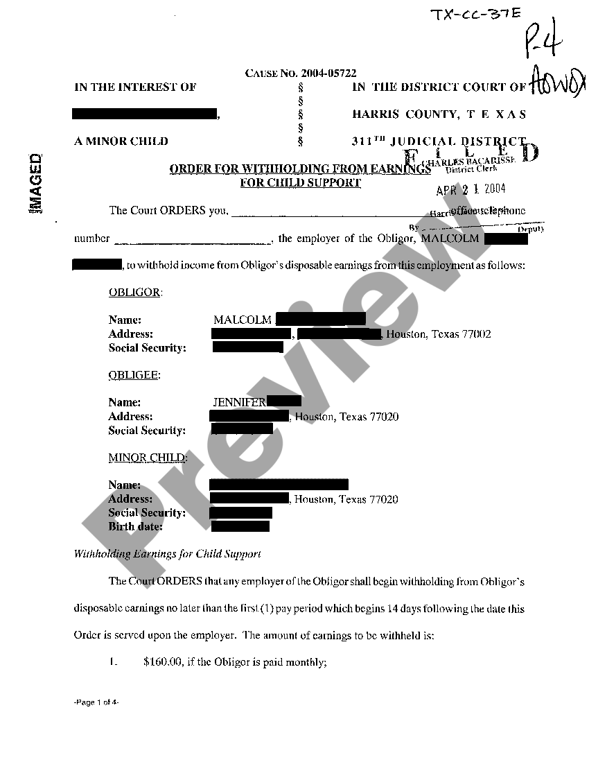 Travis Texas Order For Withholding From Income For Child Support