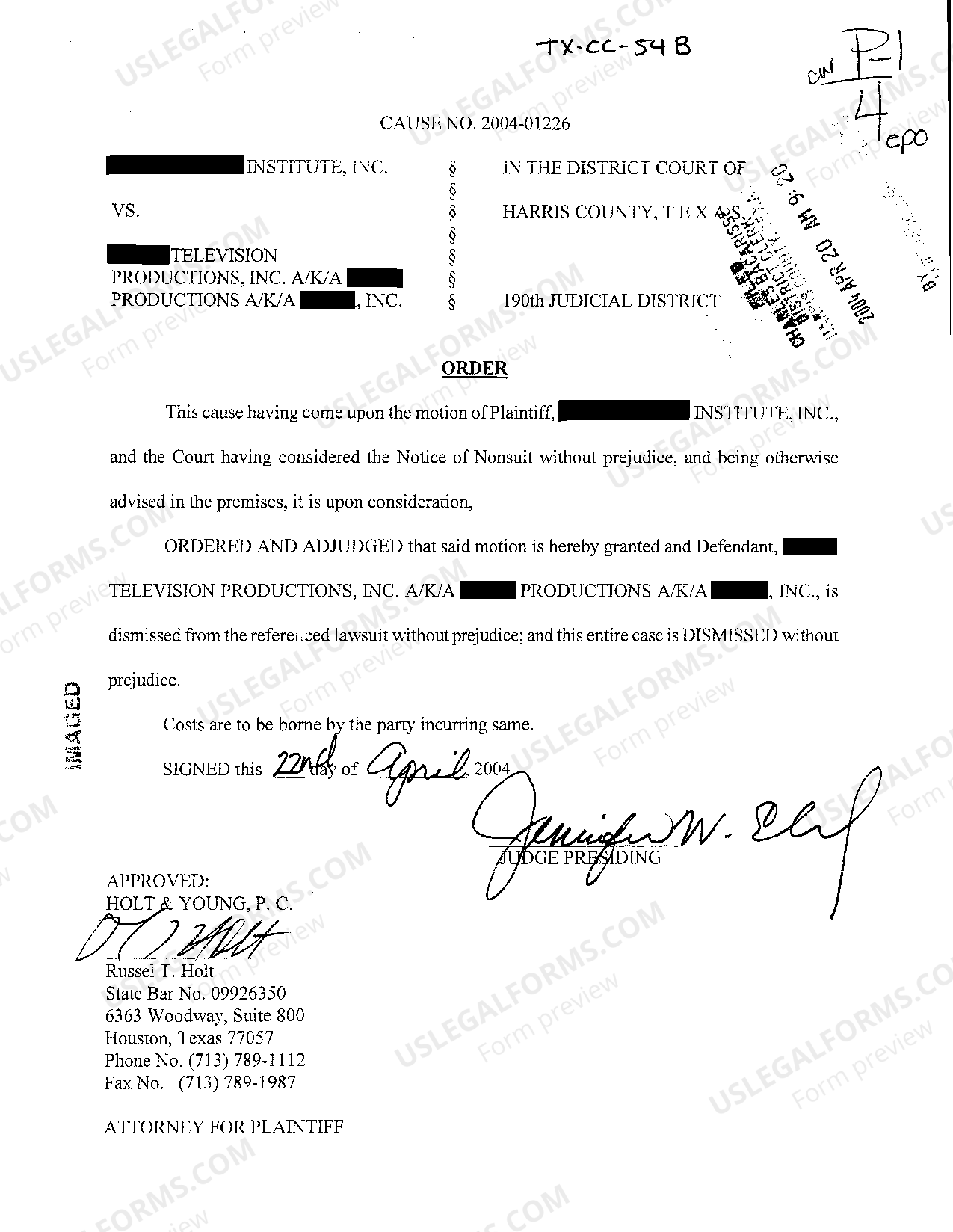 Texas Order for Nonsuit and Dismissal without Prejudice - Order Of ...