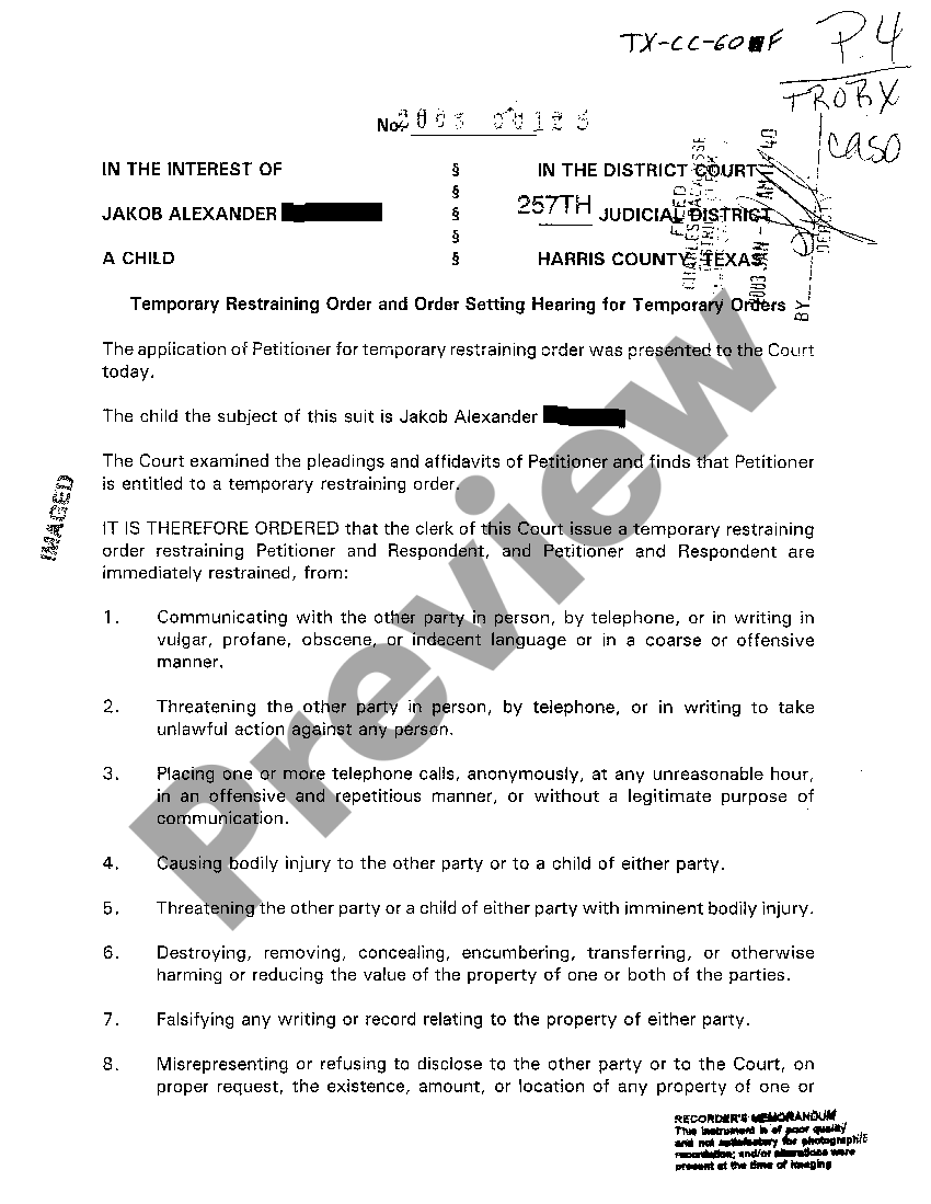 Irving Texas Temporary Restraining Order US Legal Forms