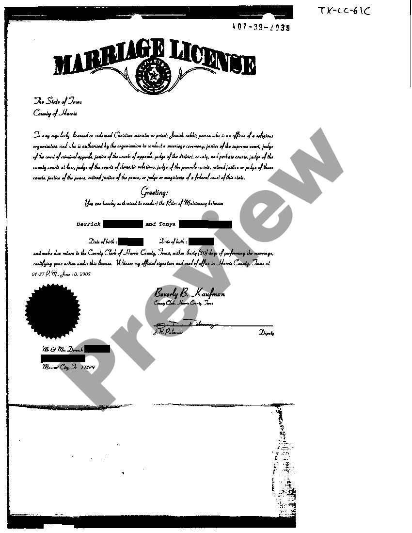 Harris Texas Marriage License Copy Blank Texas Marriage License US 