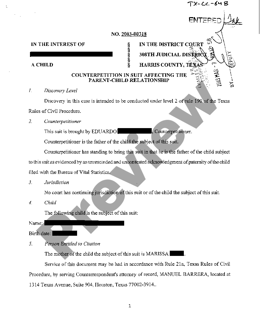 Counter Petition Form For Child Custody In Texas With Modify Parent 