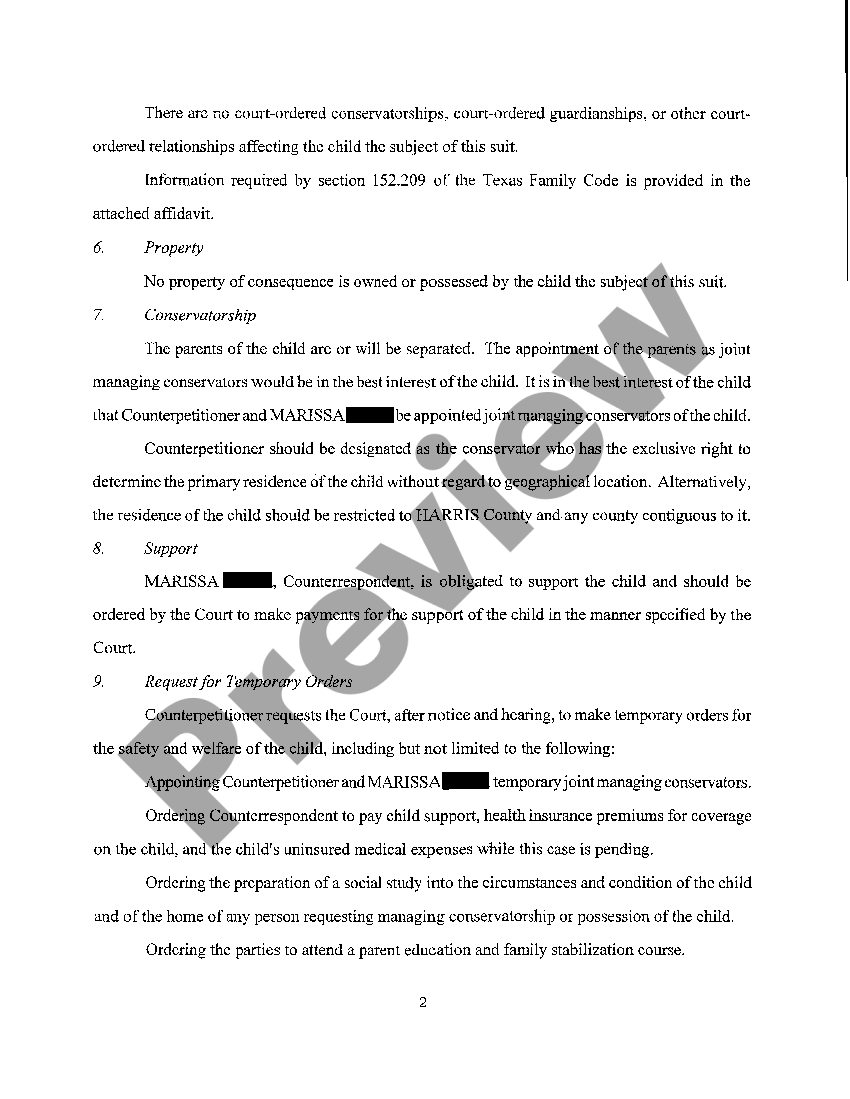 Counter Petition Form For Child Custody In Texas For Modify Parent 