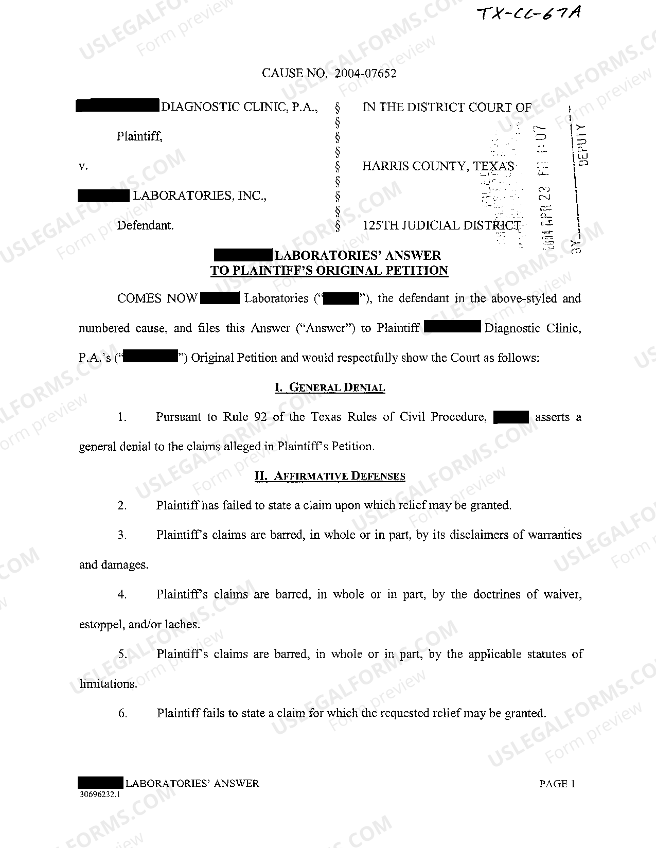 Texas Answer to Original Petition | US Legal Forms