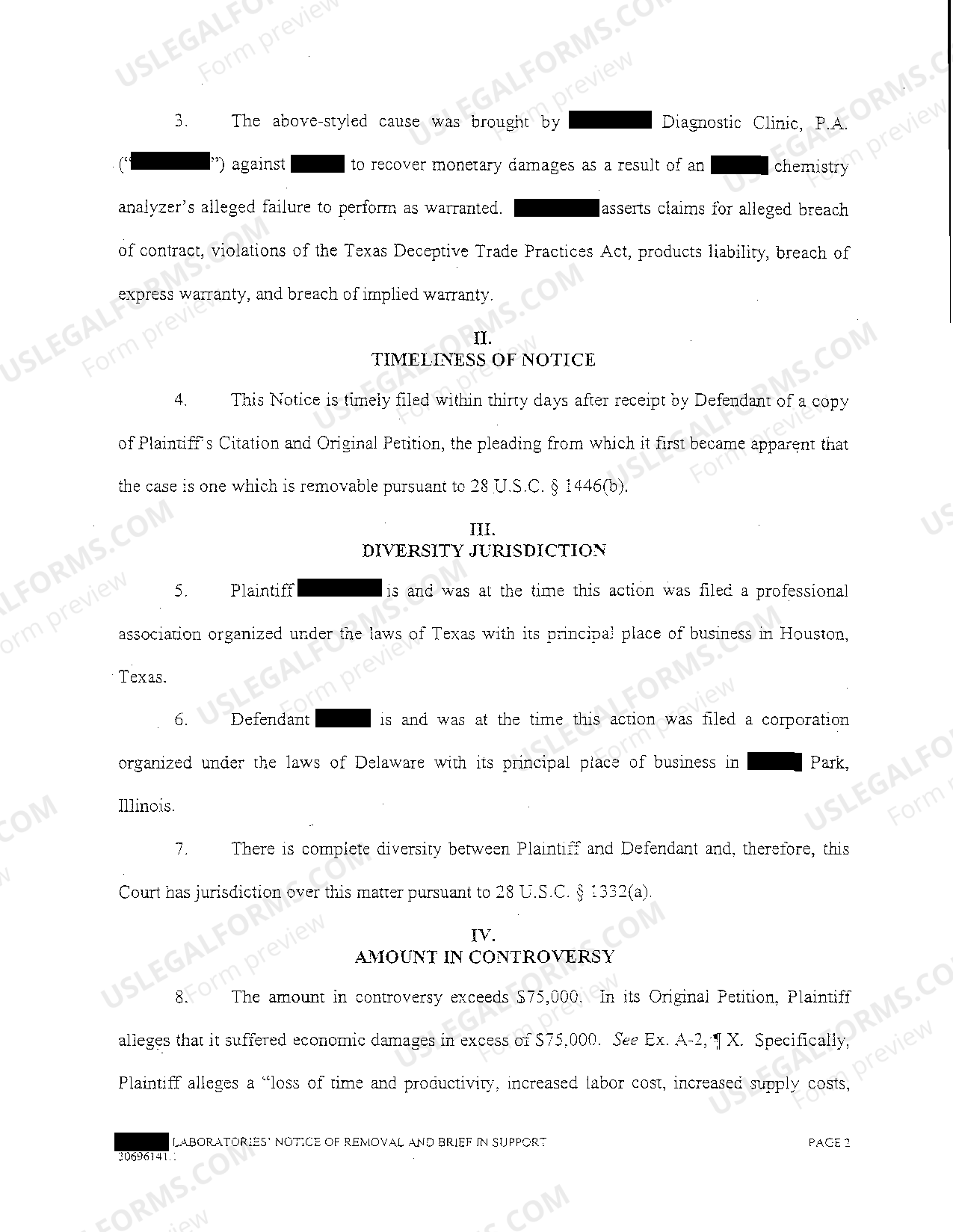 Texas Notice of Removal and Brief in Support | US Legal Forms