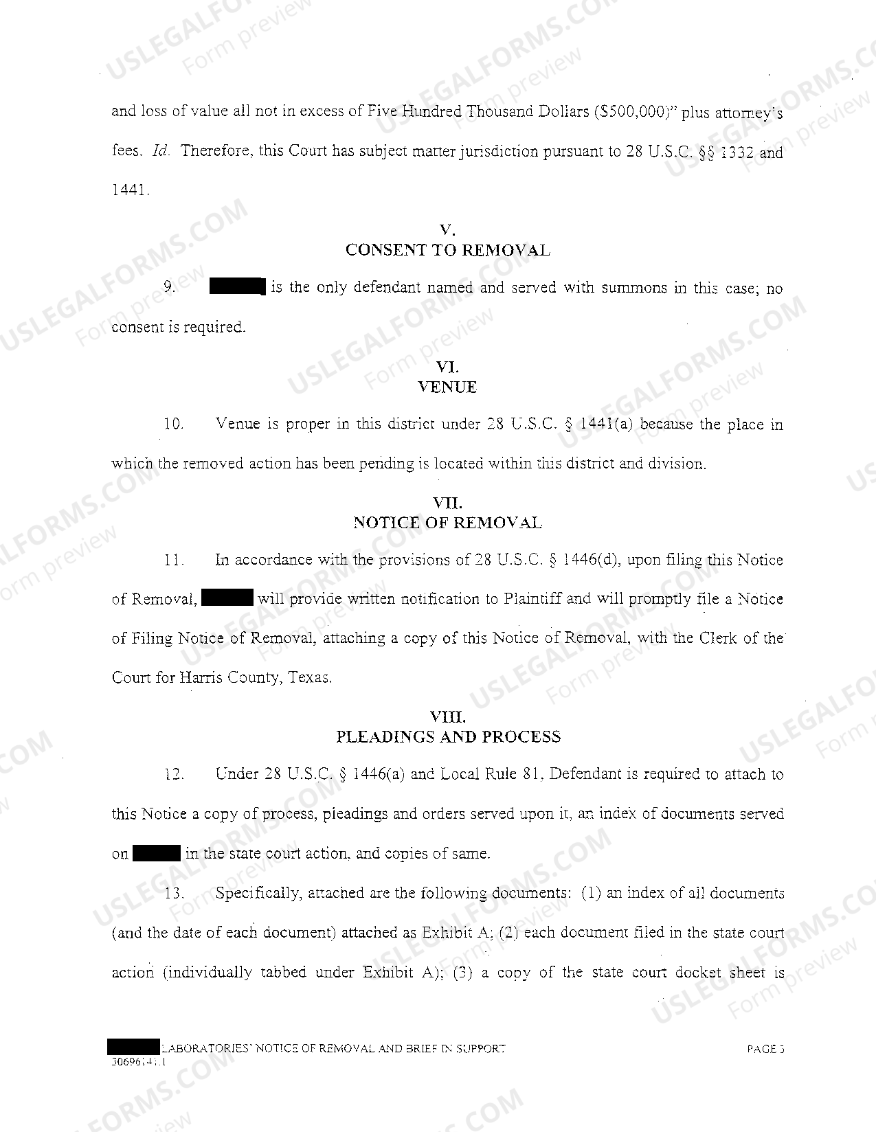 Texas Notice of Removal and Brief in Support | US Legal Forms