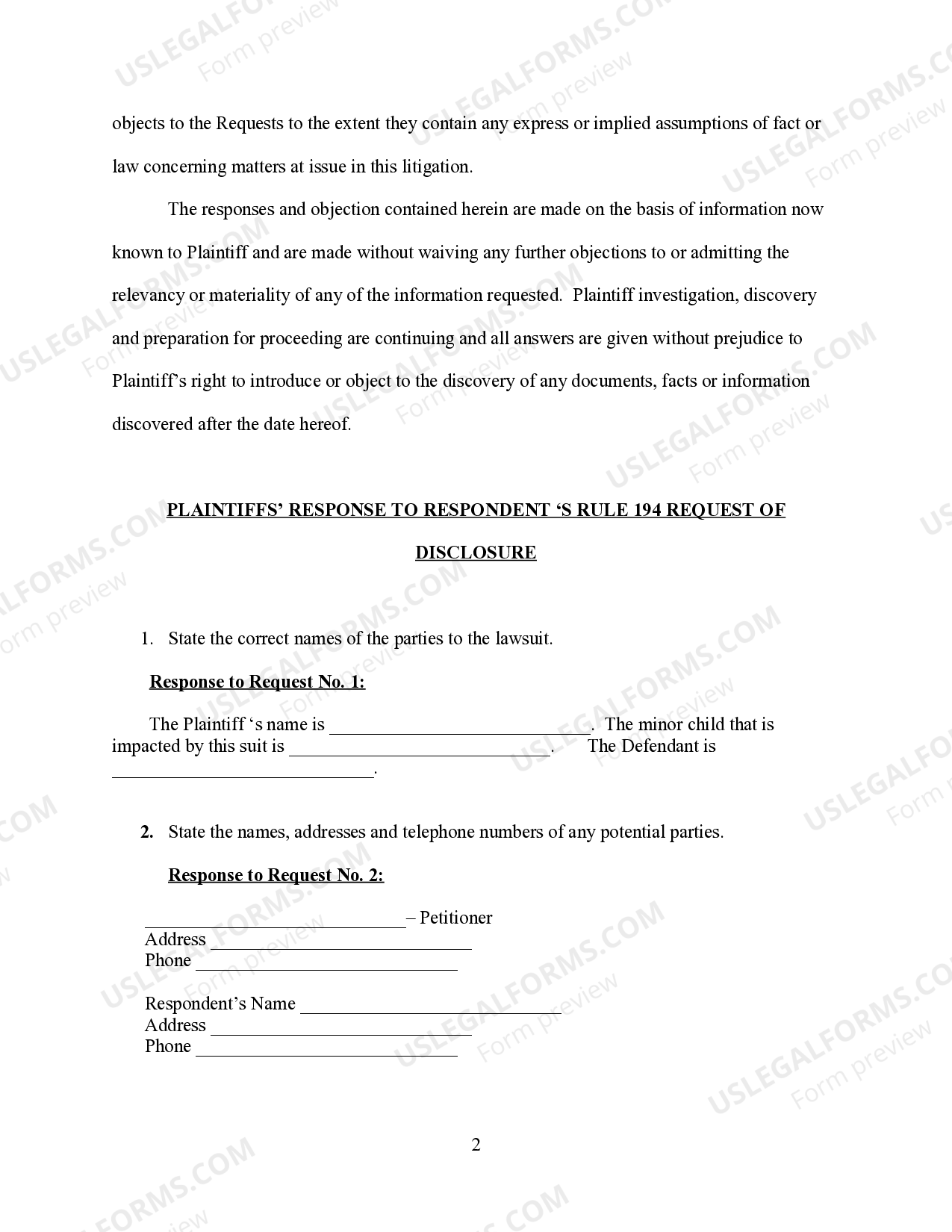Texas Plaintiff's Response to Request of Disclosure | US Legal Forms