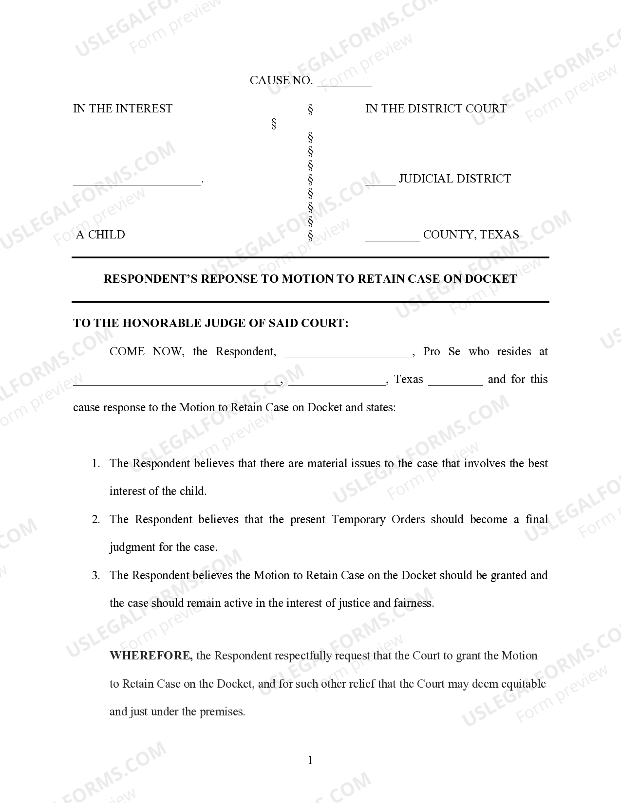 Texas Response to Motion to Retain Case | US Legal Forms