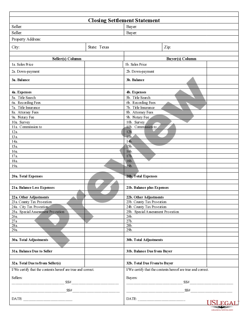 Texas Closing Statement Closing Statement US Legal Forms