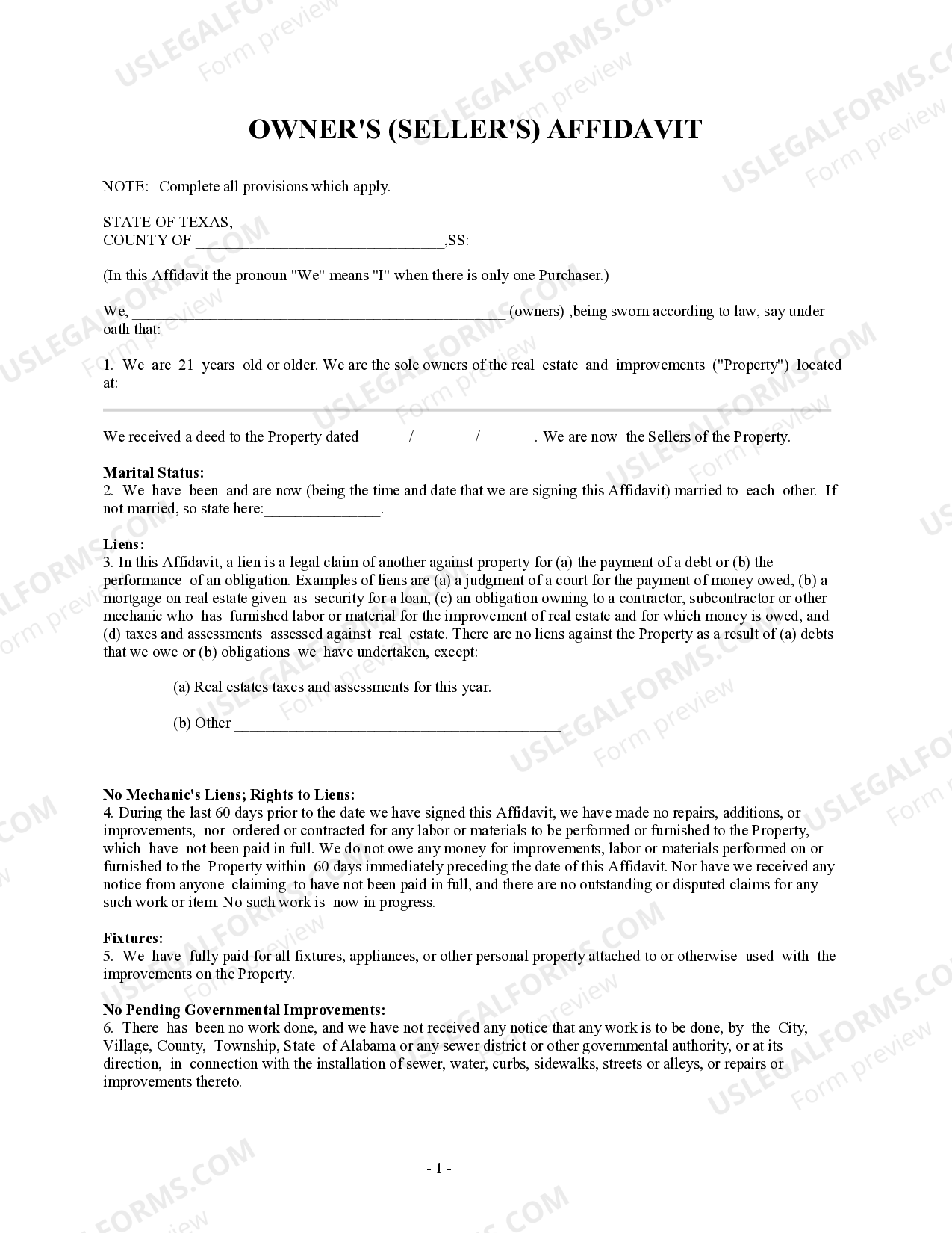Texas Owner's or Seller's Affidavit of No Liens - Affidavit Of No Liens ...