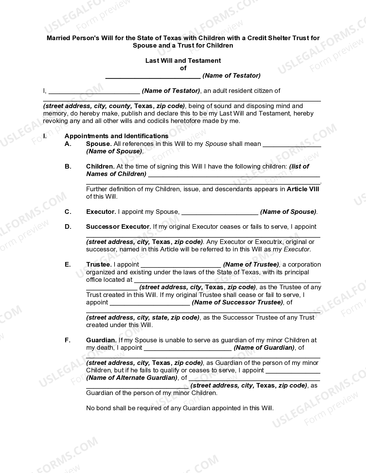 Married Person's Will for the State of Texas with Children With a ...