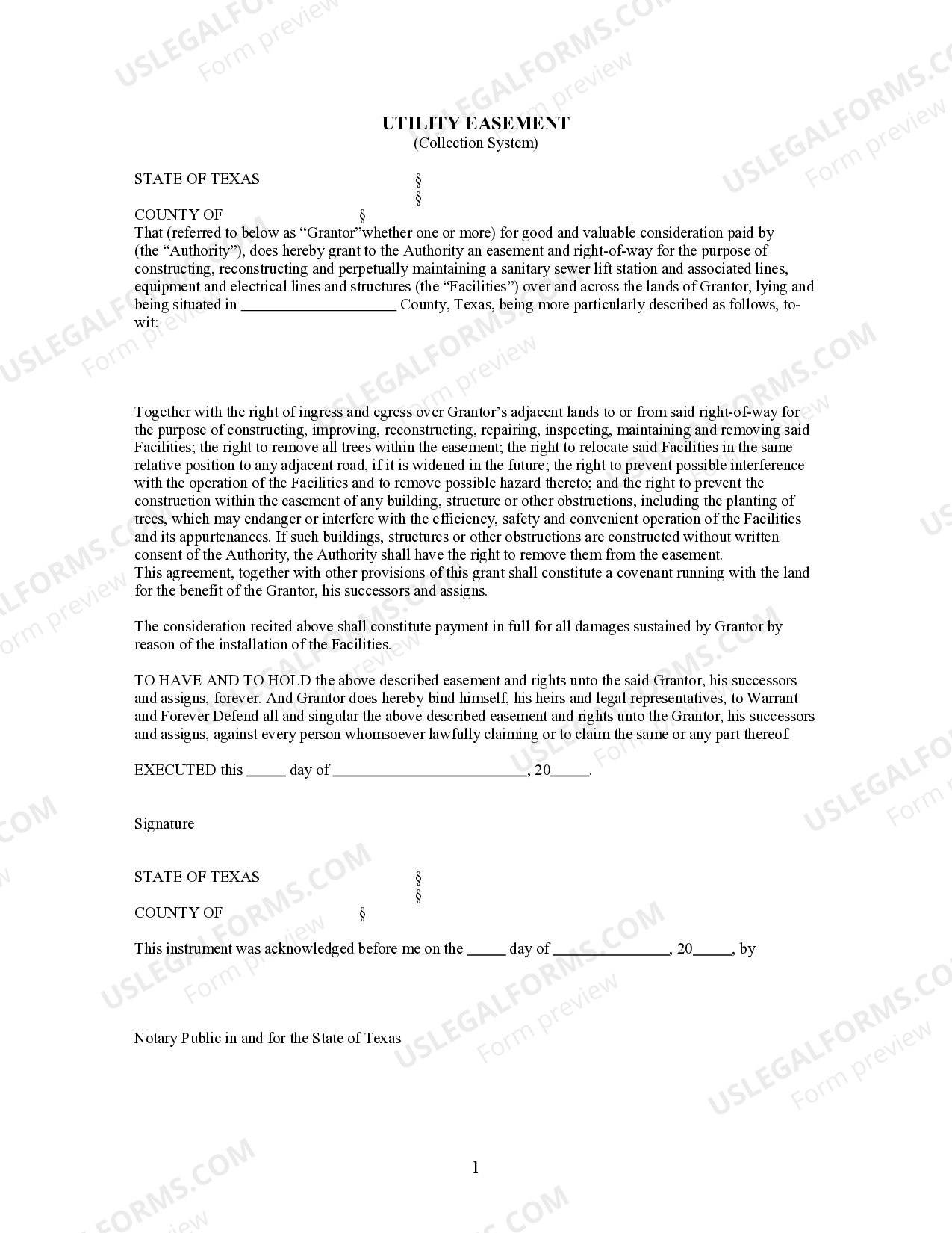 Texas Utility Easement for Sanitary Sewer Station and Associated Lines ...