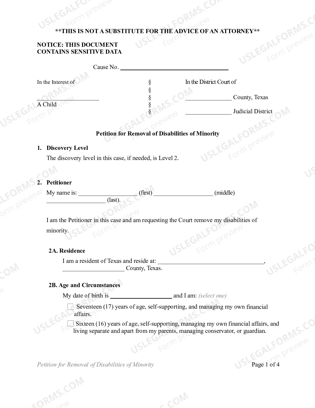 Texas Petition for Removal of Disabilities of Minority | US Legal Forms