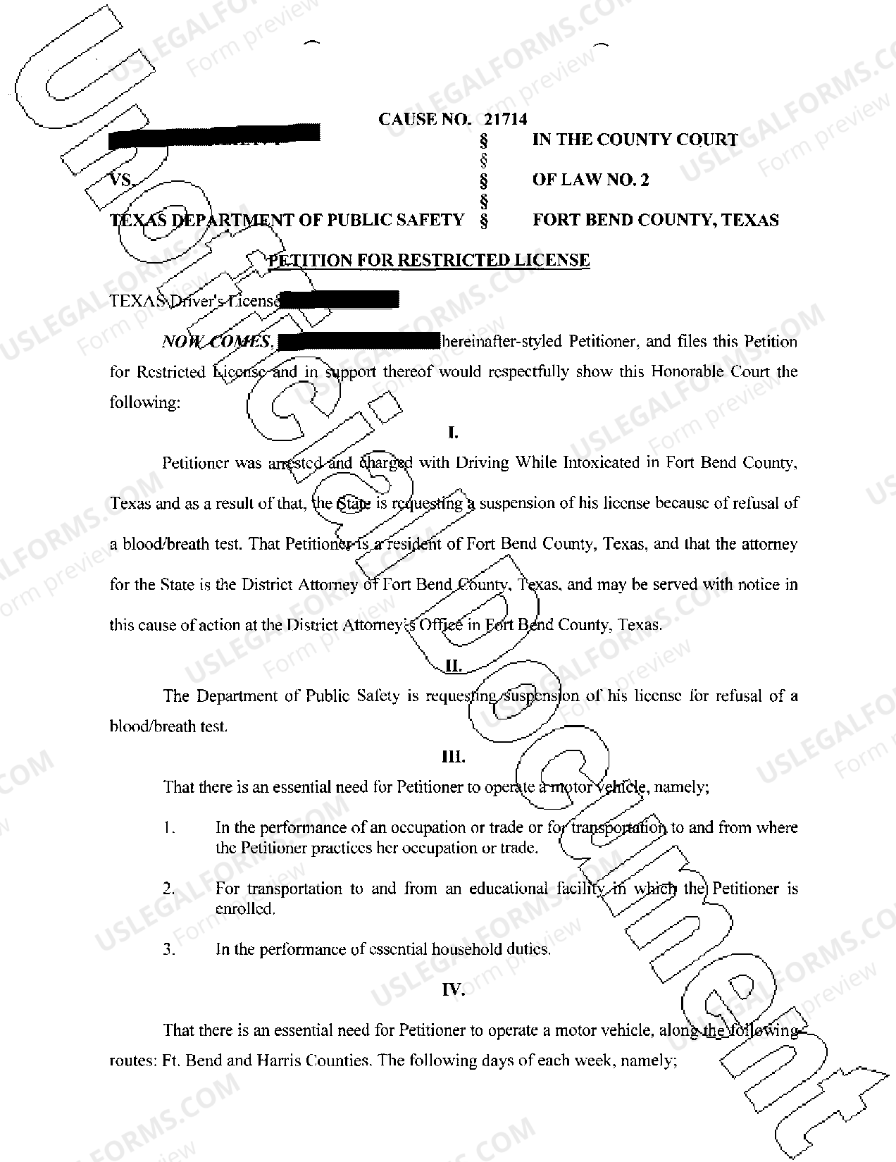 Texas Petition For Restricted License | US Legal Forms