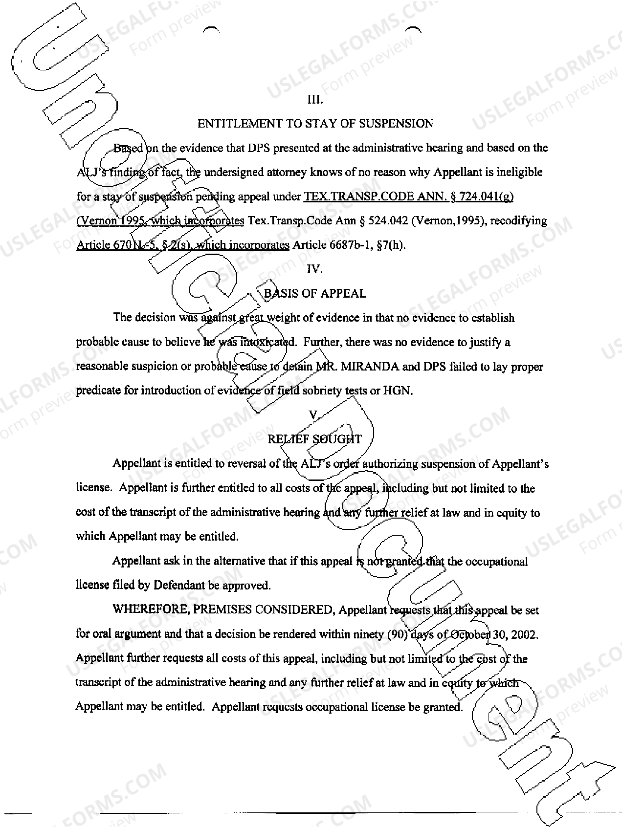 Texas Appeal Petition and Stay of Suspension | US Legal Forms