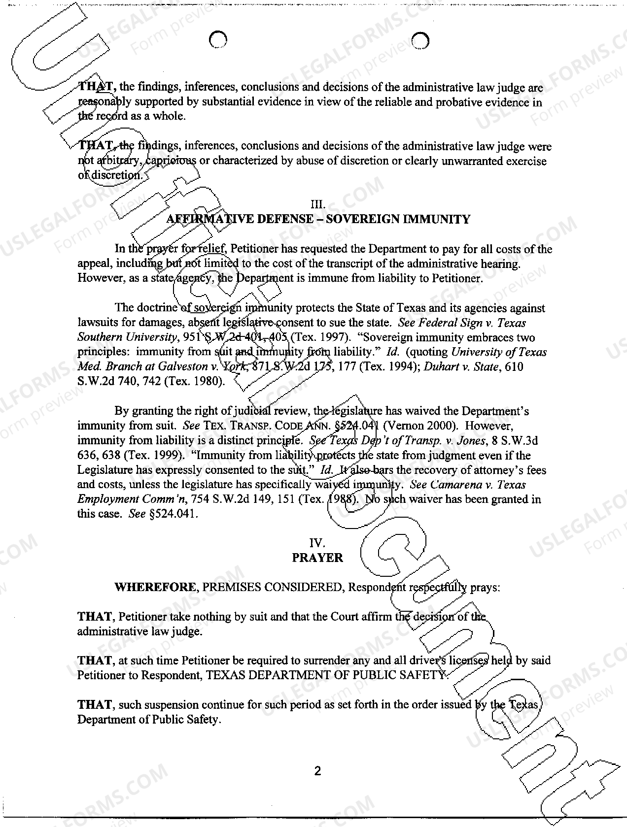 Texas Respondents Original Answer | US Legal Forms