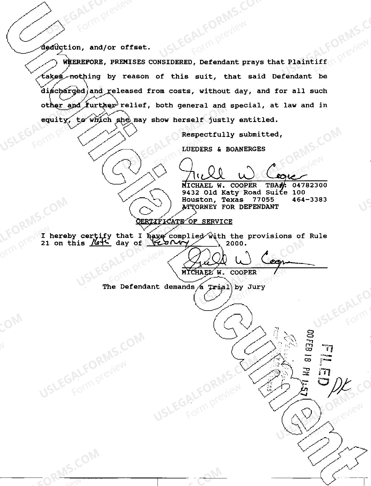 Texas Defendants Original Answer | US Legal Forms