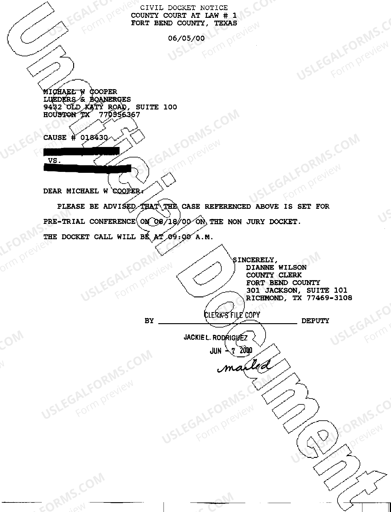 Texas Civil Docket Notice Letter | US Legal Forms