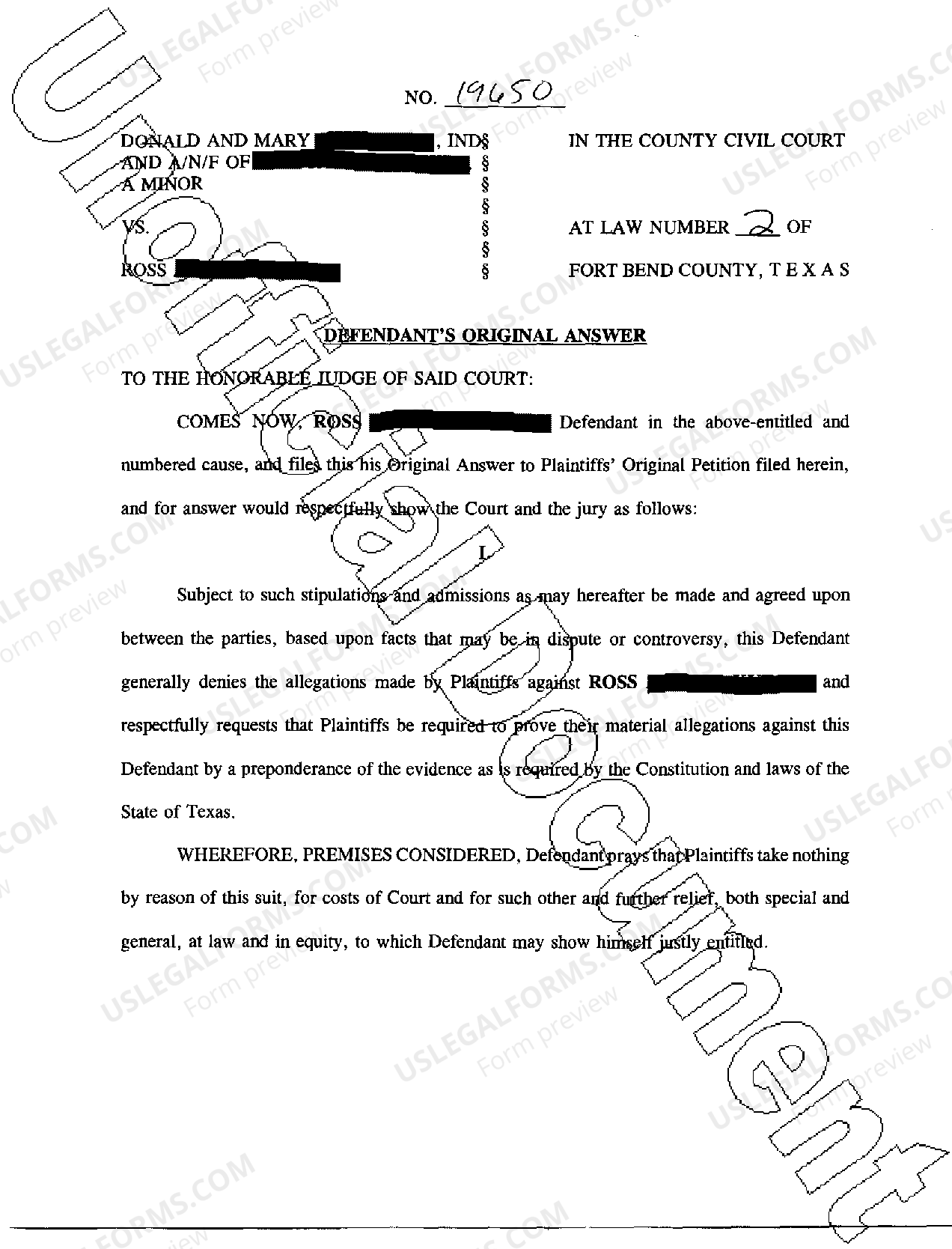Texas Defendants Original Answer | US Legal Forms