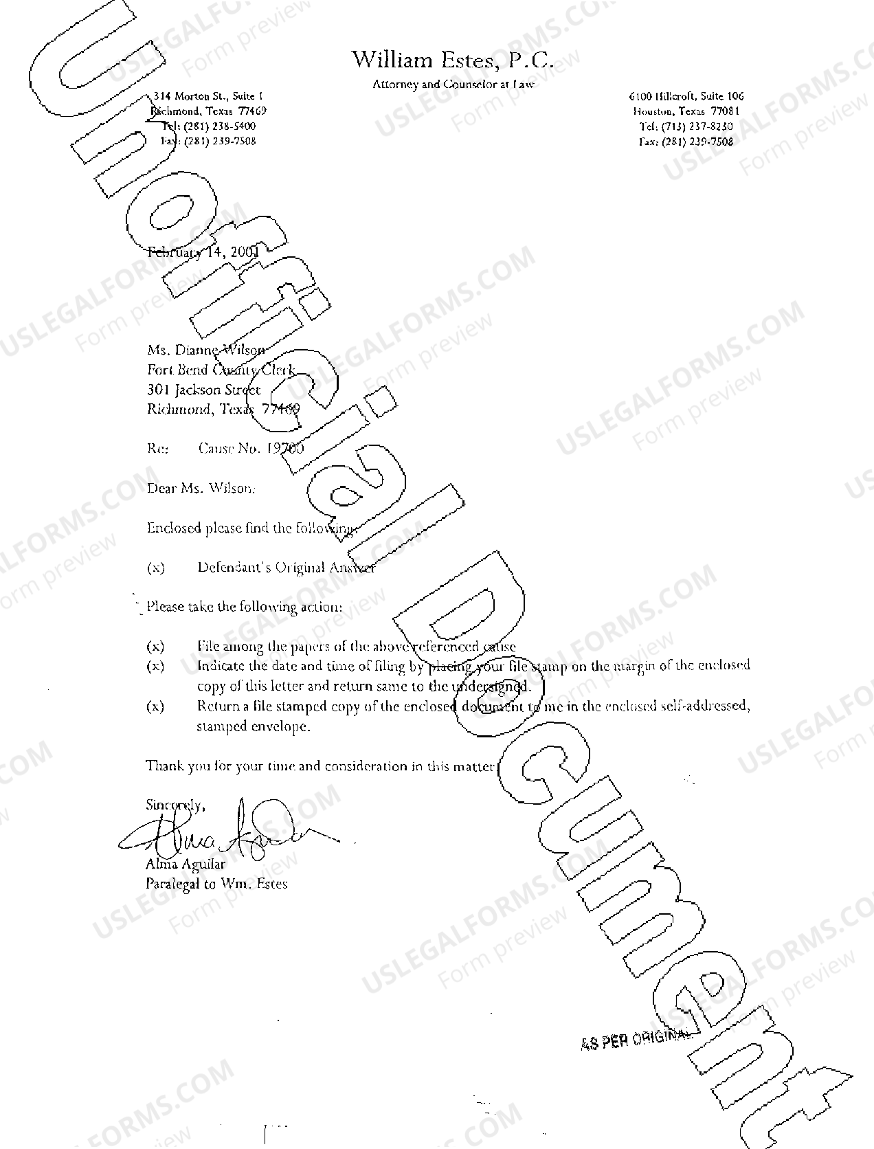 Texas Defendants Original Answer | US Legal Forms