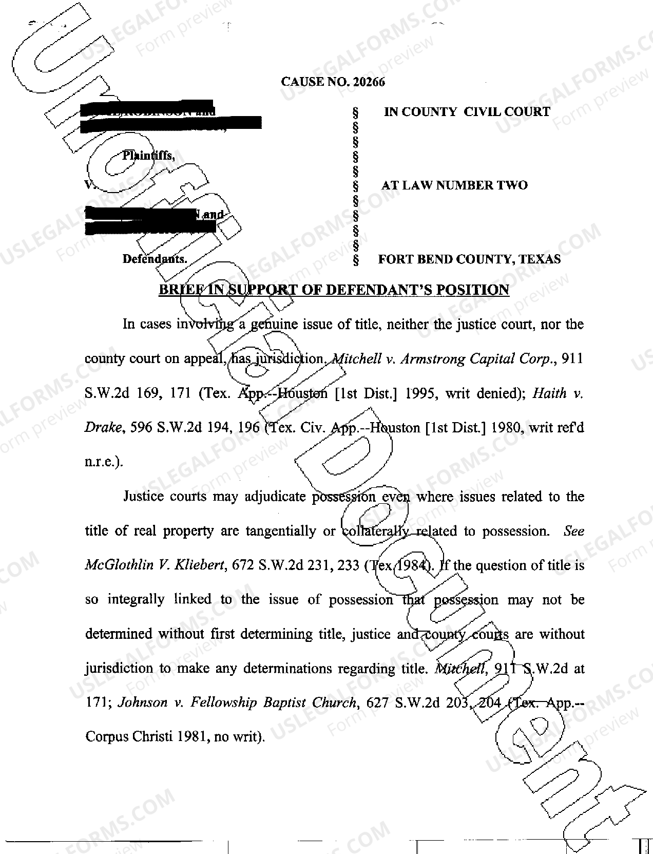 Texas Brief In Support For Motion For Summary Judgment | US Legal Forms