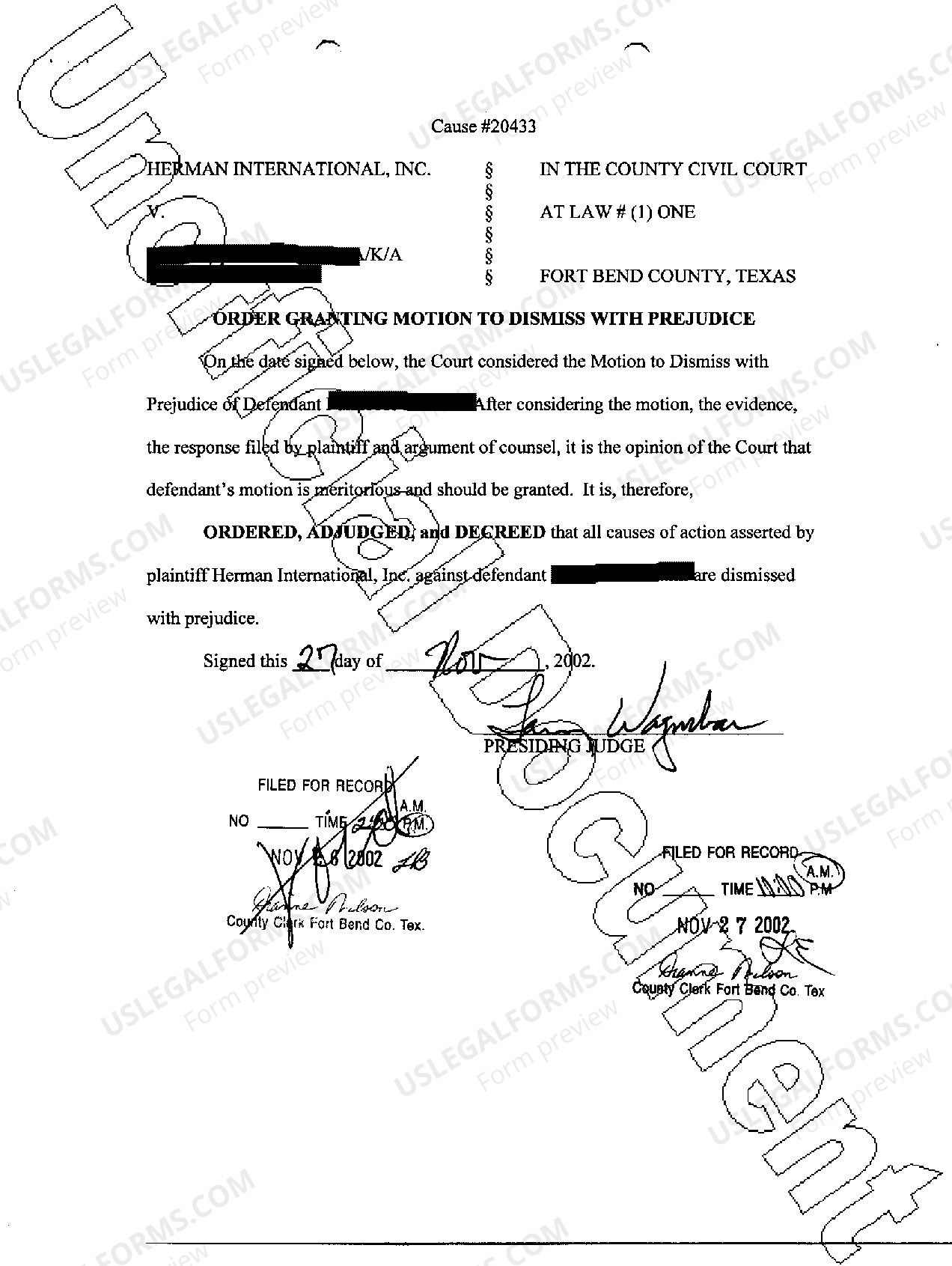 Texas Order Granting Motion to Dismiss With Prejudice - Order To ...
