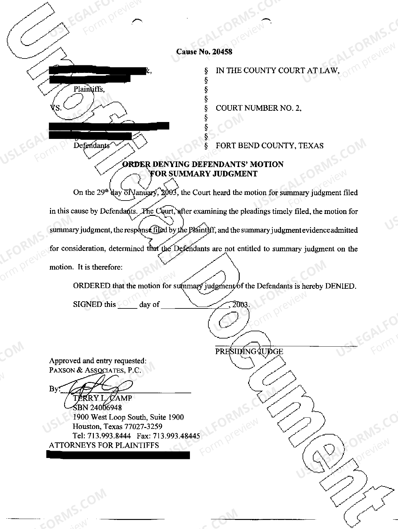 Texas Order Denying Defendant's Motion for Summary J | US Legal Forms