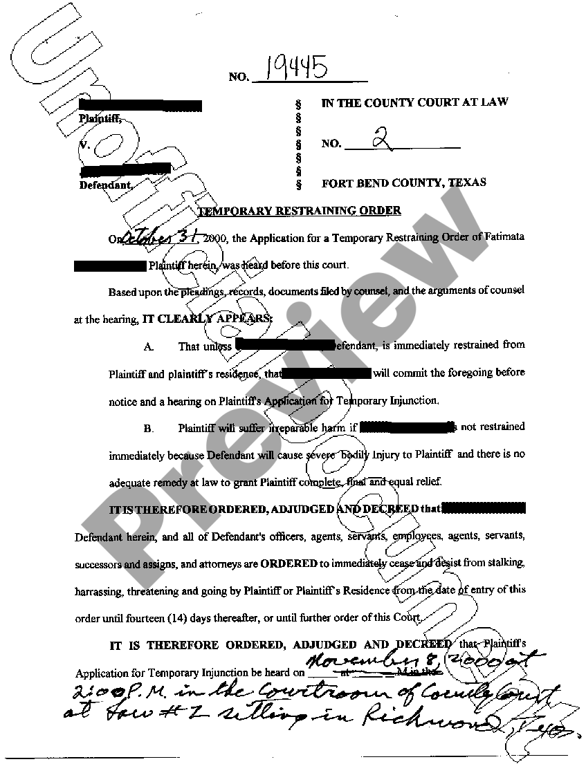 Tarrant Texas Temporary Restraining Order US Legal Forms