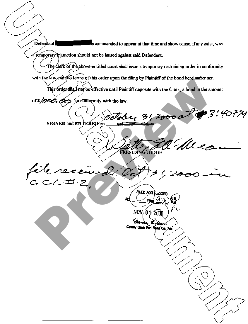 Tarrant Texas Temporary Restraining Order US Legal Forms