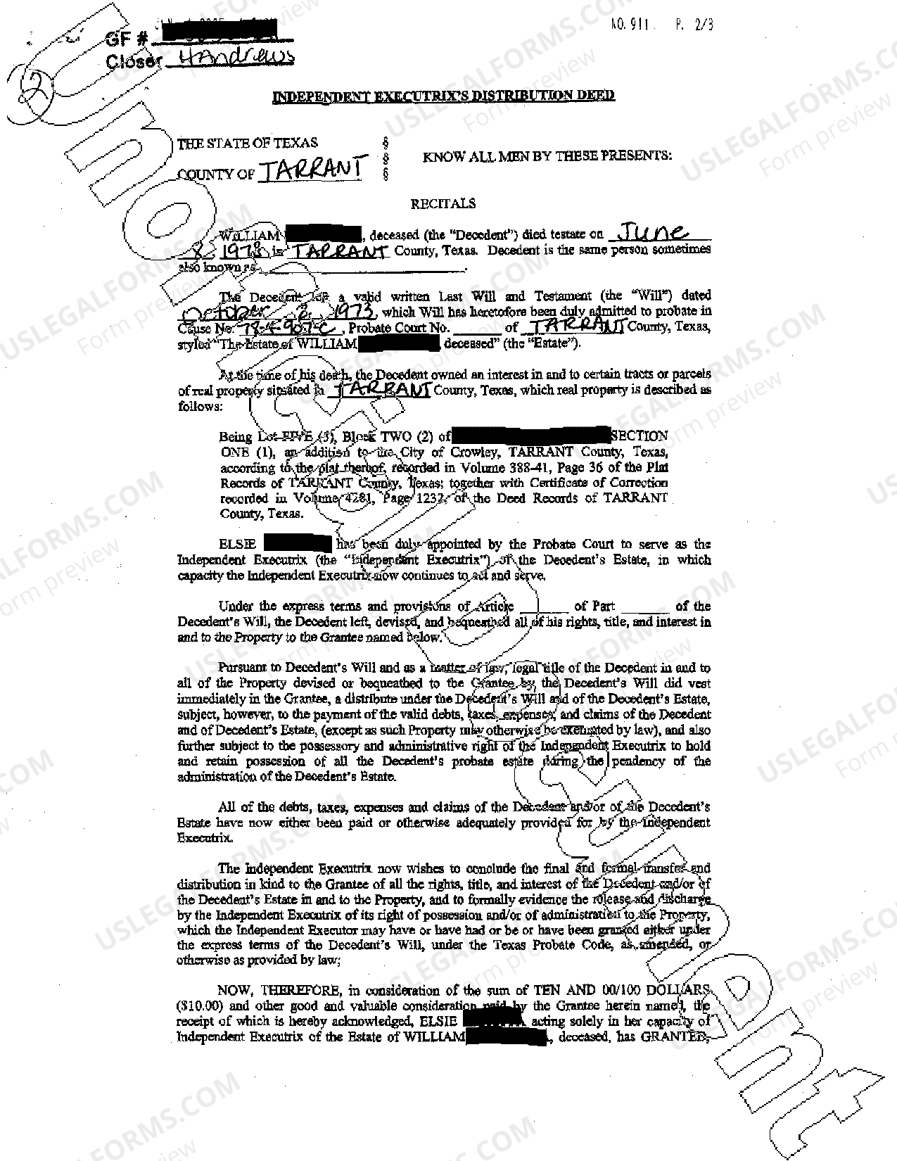 Texas Independent Executrix's Distribution Deed - Distribution Deed ...