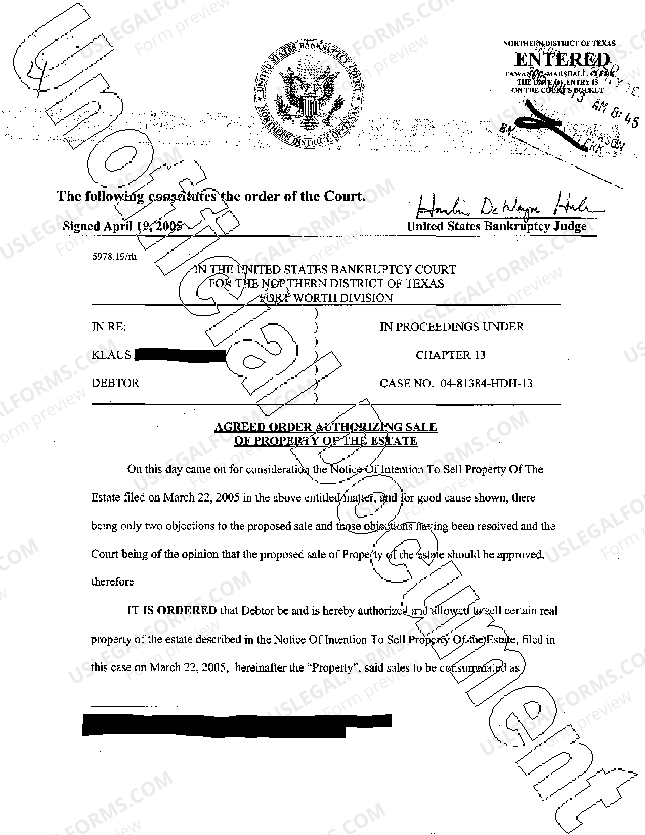 Texas Agreed Order Authorizing Sale of Property of the Estate | US ...