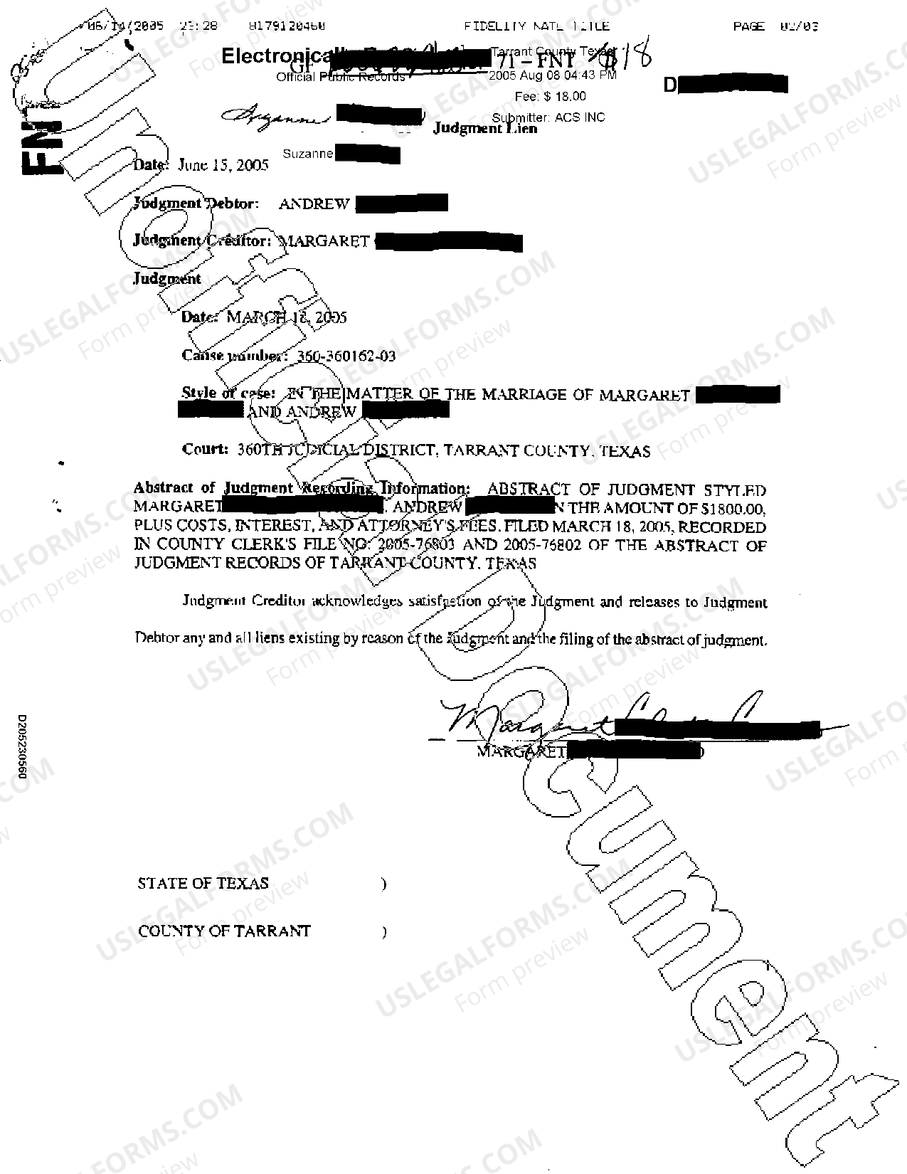 Texas Satisfaction and Release of Judgment Lien in a Divorce ...