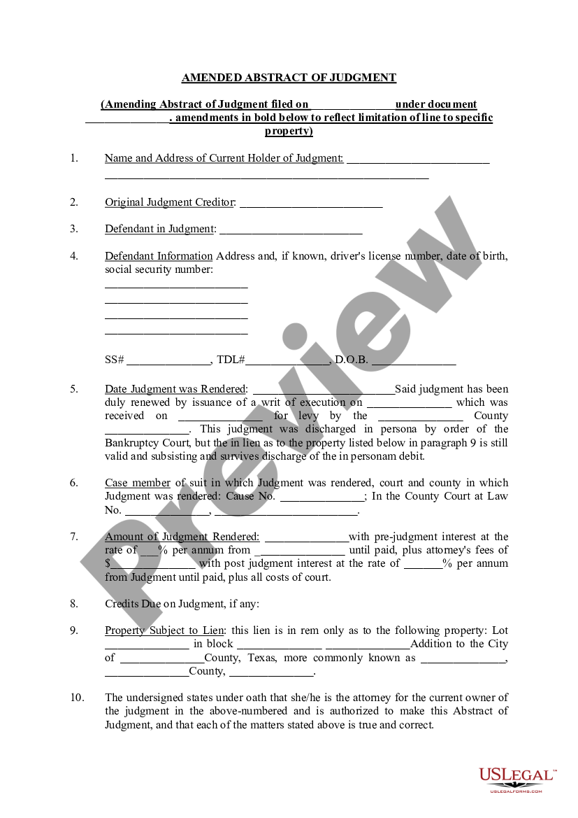 Texas Amended Abstract Of Judgment Amended Abstract Of Judgment Us