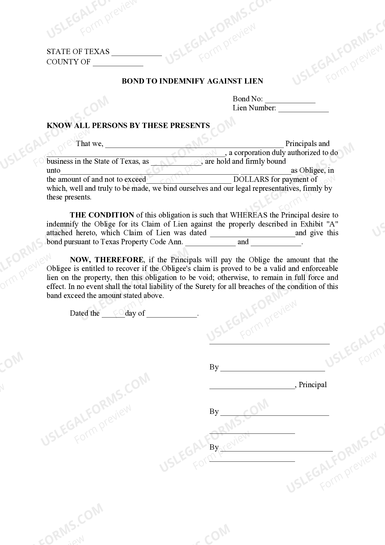 Texas Bond to Indemnify Against Lien - Texas Bond Form | US Legal Forms