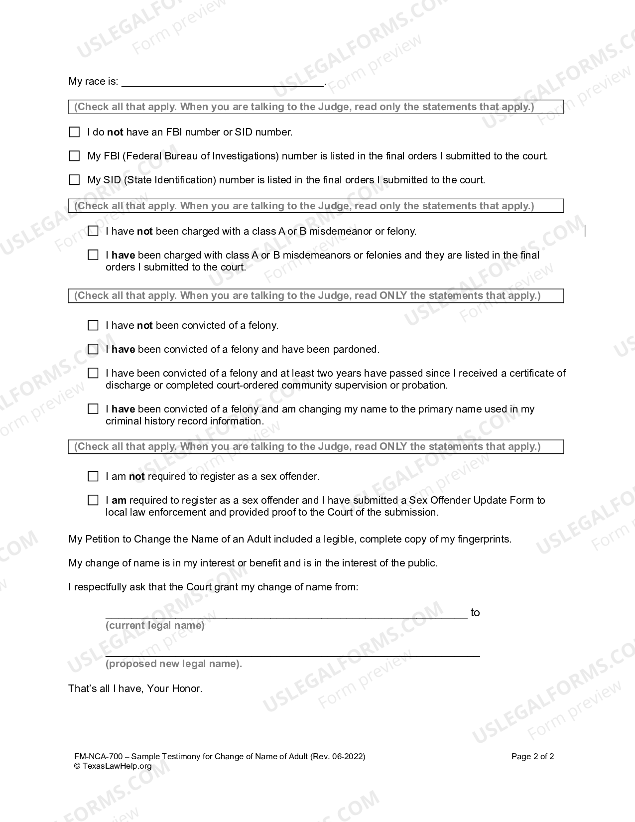 Texas Sample Testimony for Change of Name of Adult | US Legal Forms