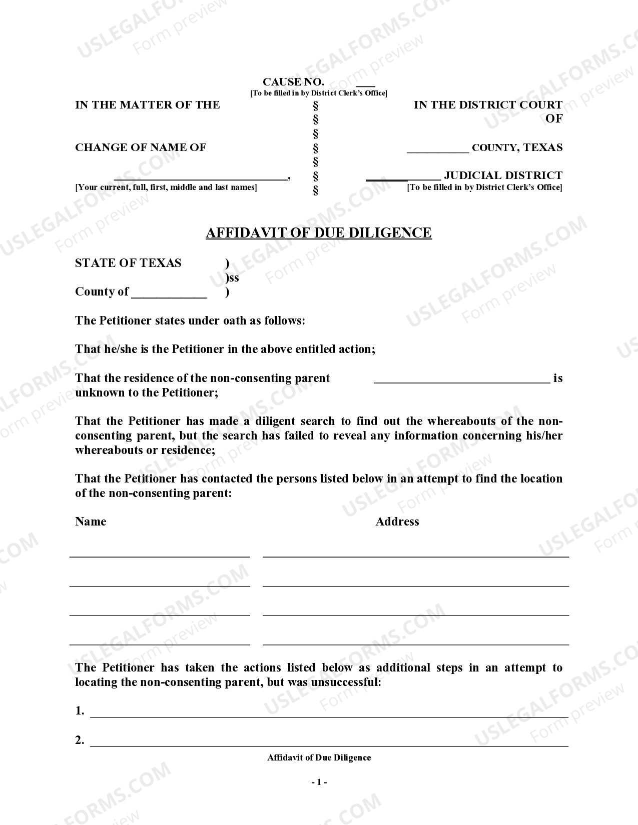 Texas Affidavit of Due Diligence for Name Change | US Legal Forms