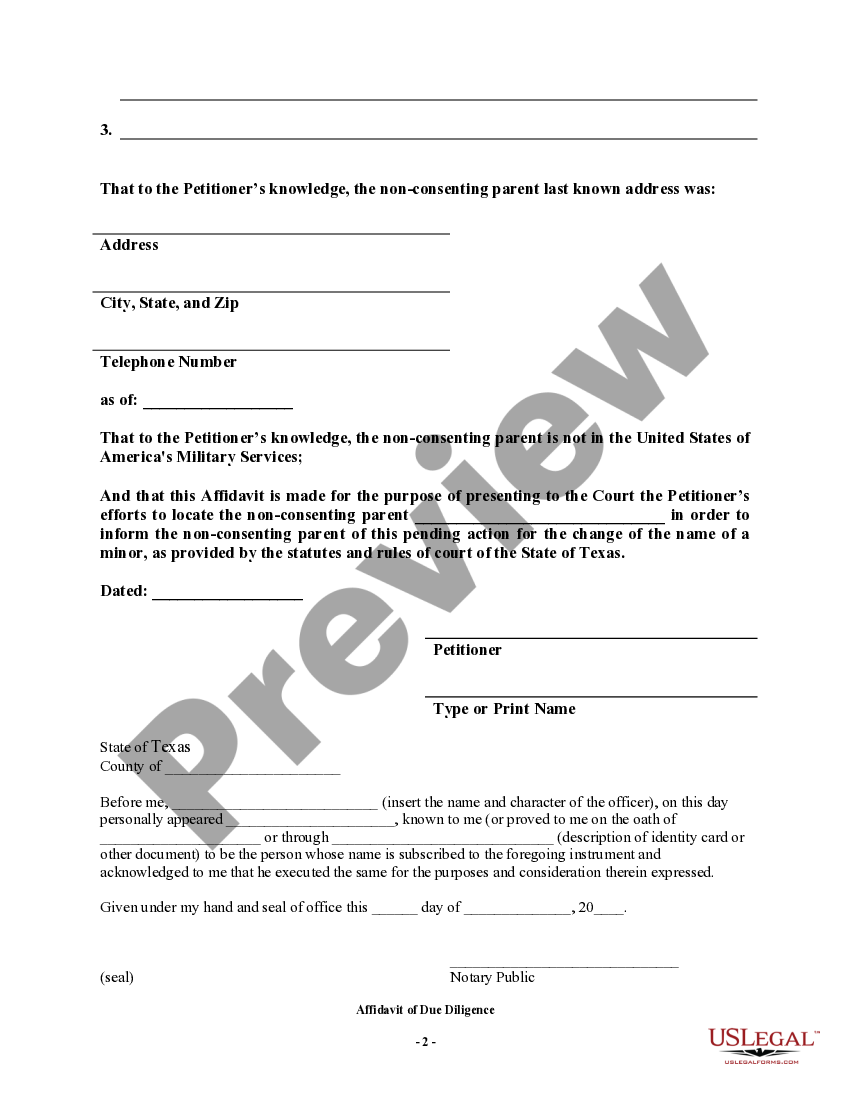 Plano Texas Affidavit Of Due Diligence For Name Change
