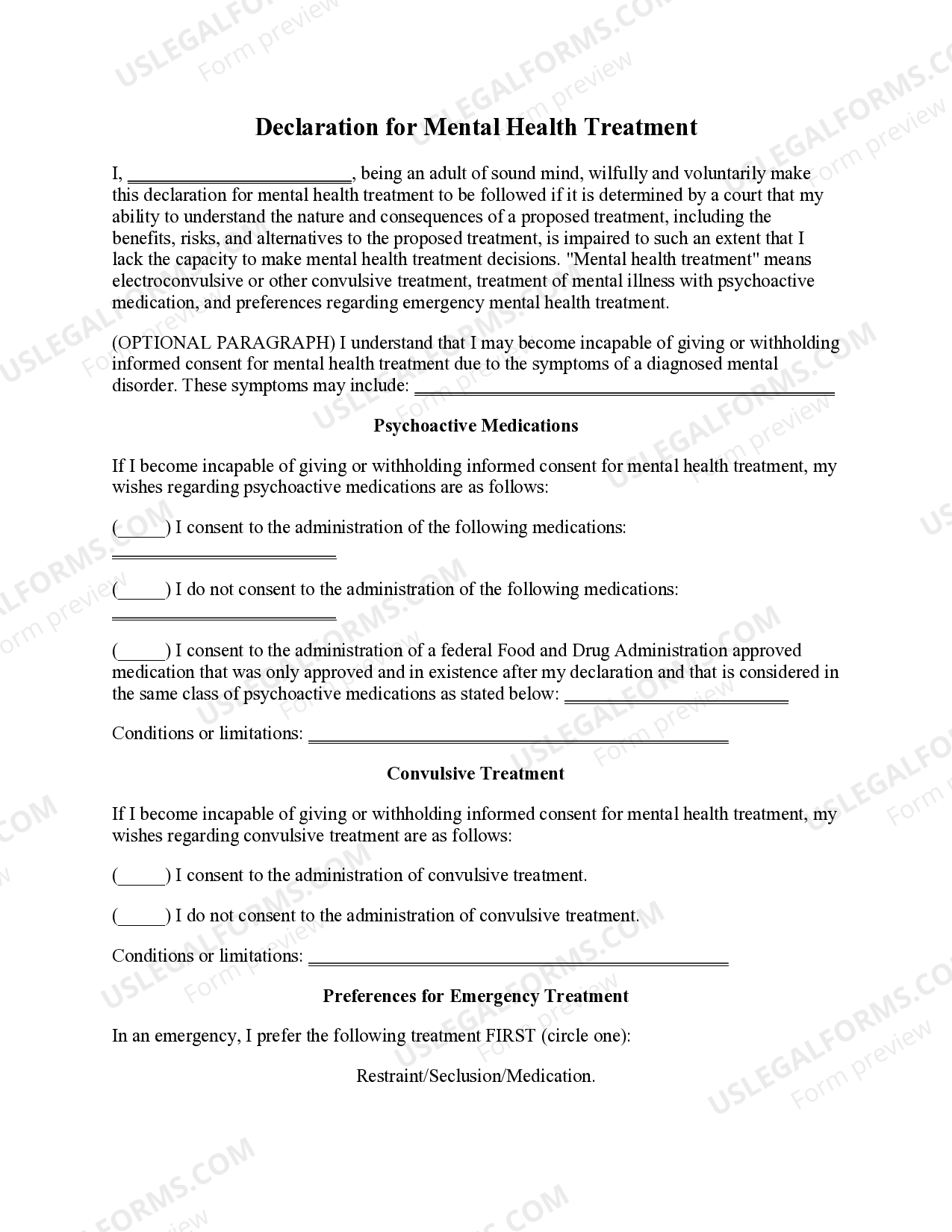 Texas Declaration for Mental Health Treatment - Declaration For Mental ...