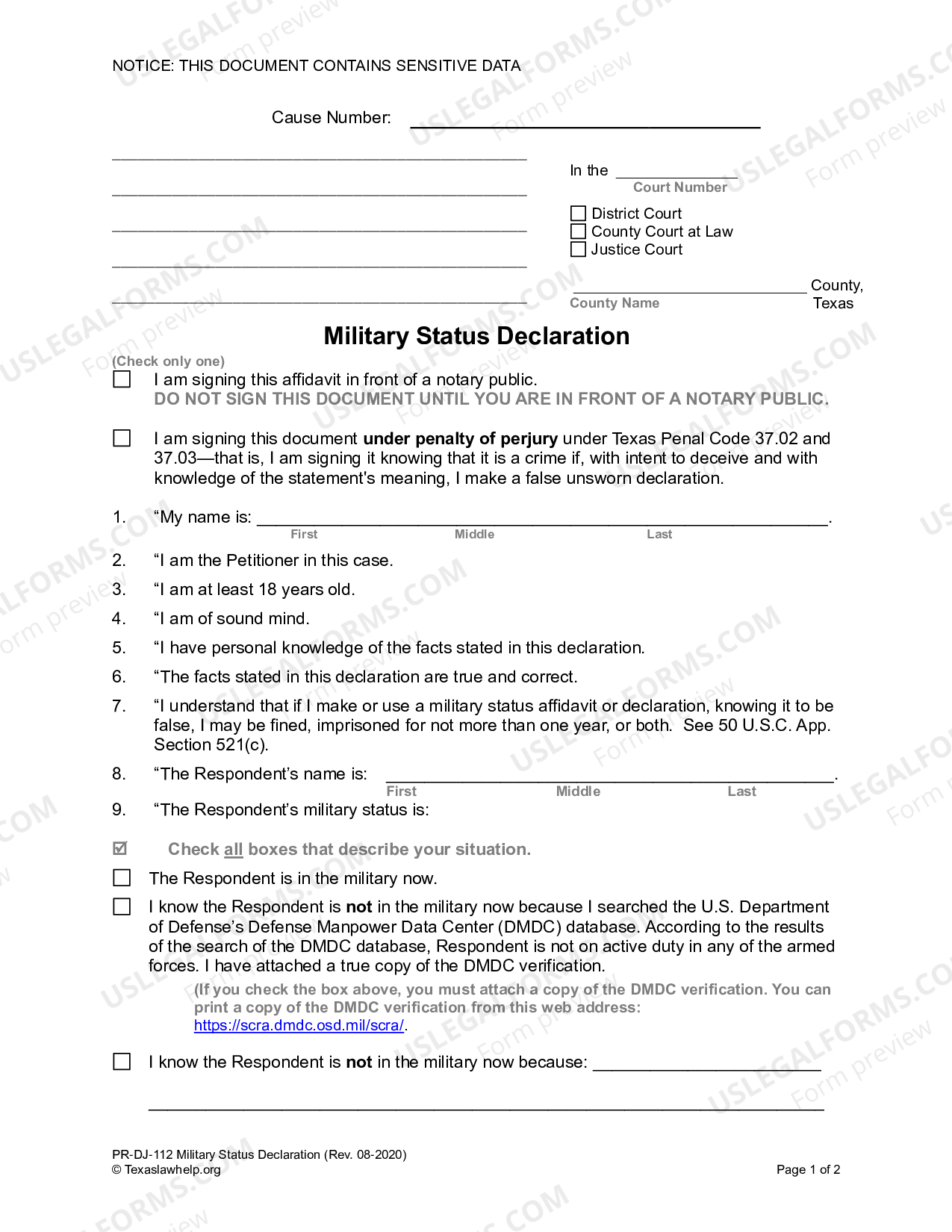 Texas Military Status Declaration | US Legal Forms