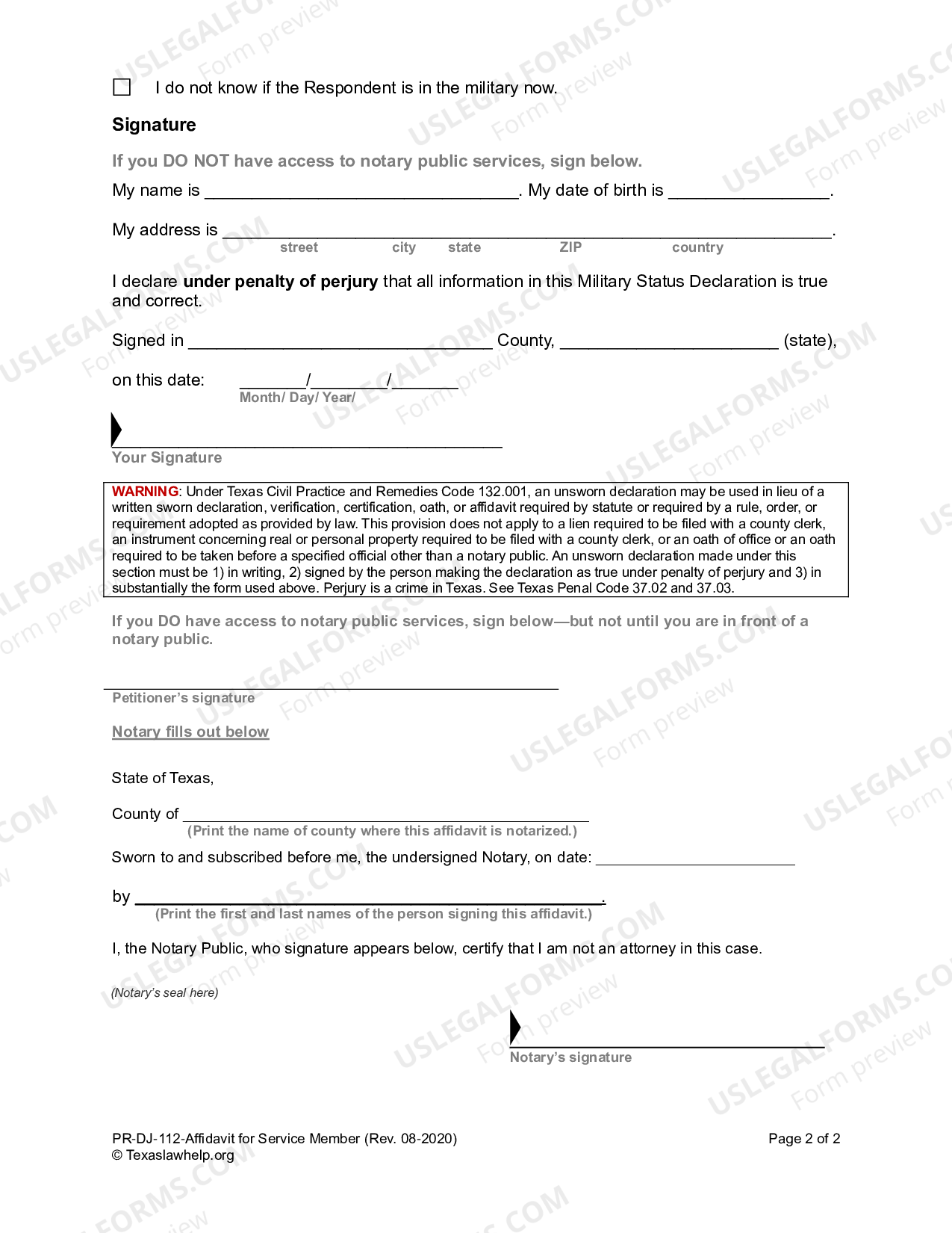 Texas Military Status Declaration | US Legal Forms